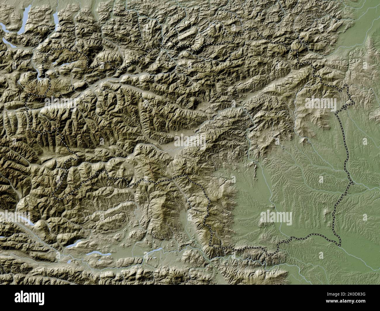 Steiermark, state of Austria. Elevation map colored in wiki style with lakes and rivers Stock ...