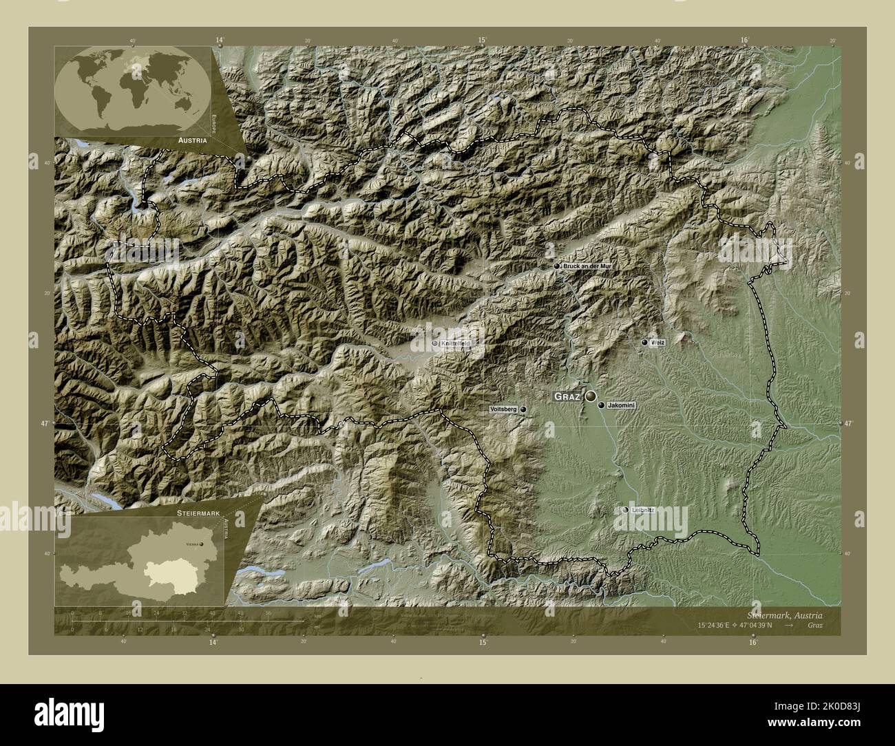 Steiermark, state of Austria. Elevation map colored in wiki style with ...
