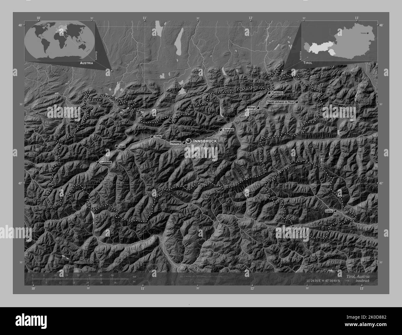 Tirol, state of Austria. Grayscale elevation map with lakes and rivers ...