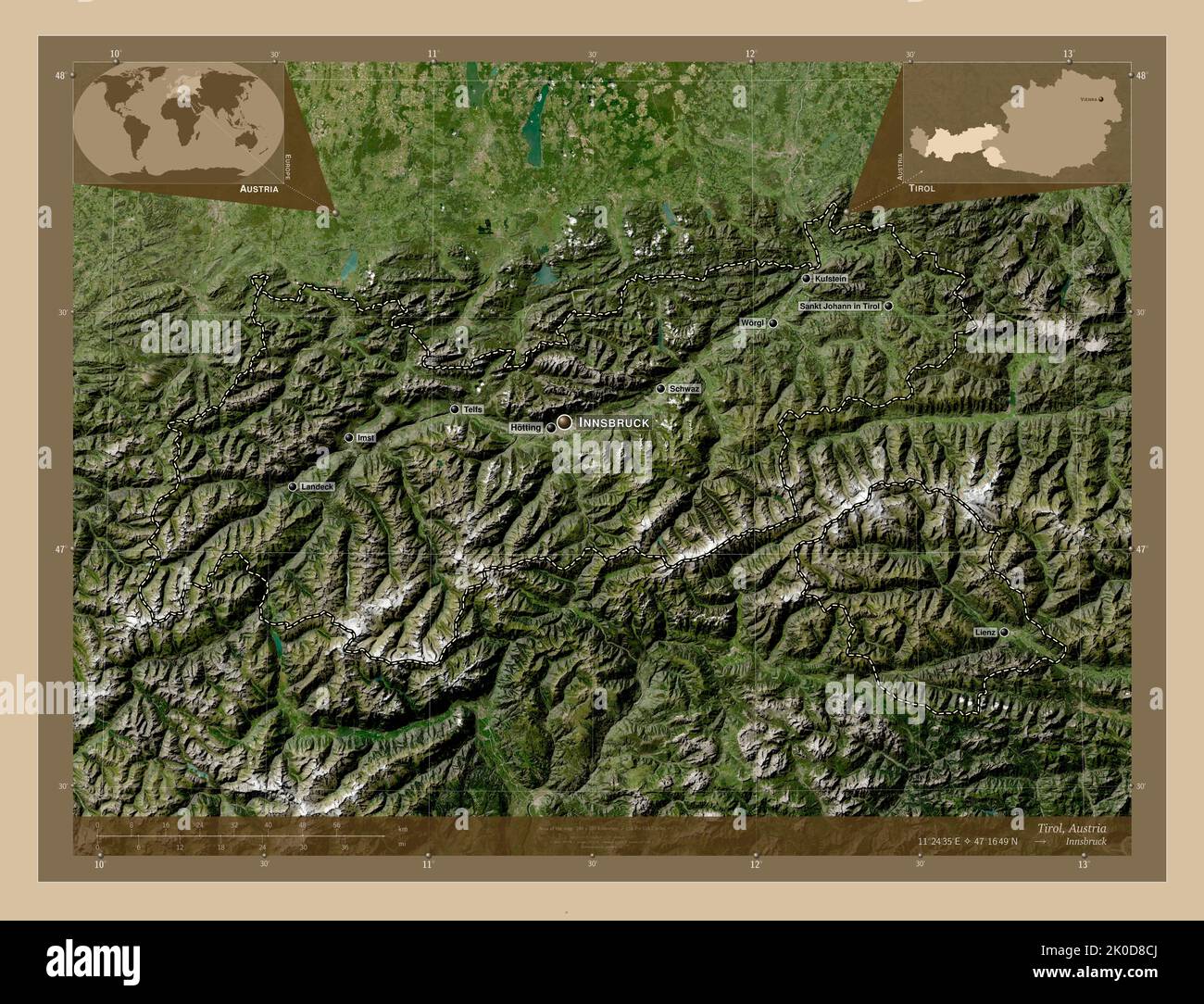 Tirol, state of Austria. Low resolution satellite map. Locations and ...