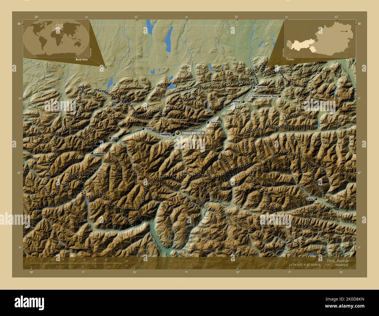 Tirol, state of Austria. Colored elevation map with lakes and rivers ...