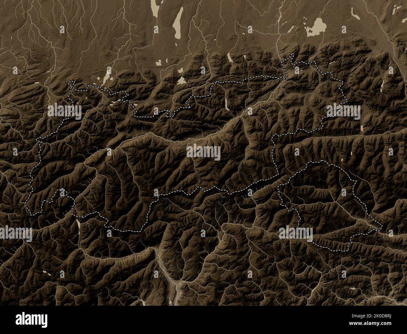 Tirol, state of Austria. Elevation map colored in sepia tones with ...