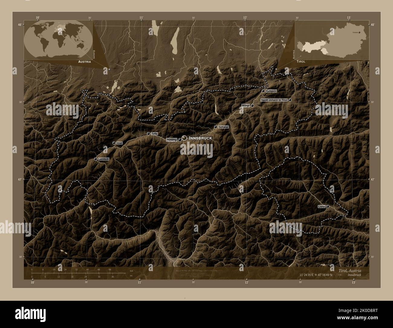 Tirol, state of Austria. Elevation map colored in sepia tones with ...