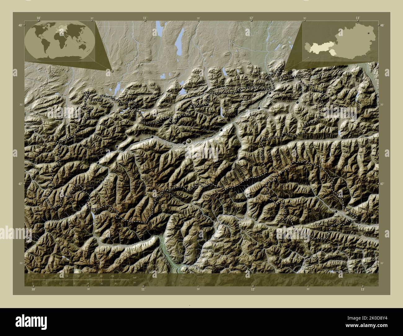Tirol, state of Austria. Elevation map colored in wiki style with lakes ...