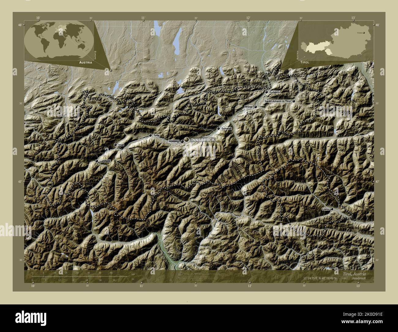 Tirol, state of Austria. Elevation map colored in wiki style with lakes ...