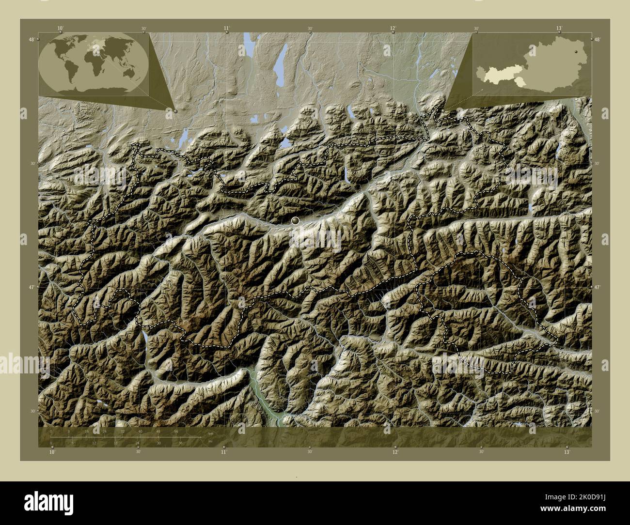 Tirol, state of Austria. Elevation map colored in wiki style with lakes ...