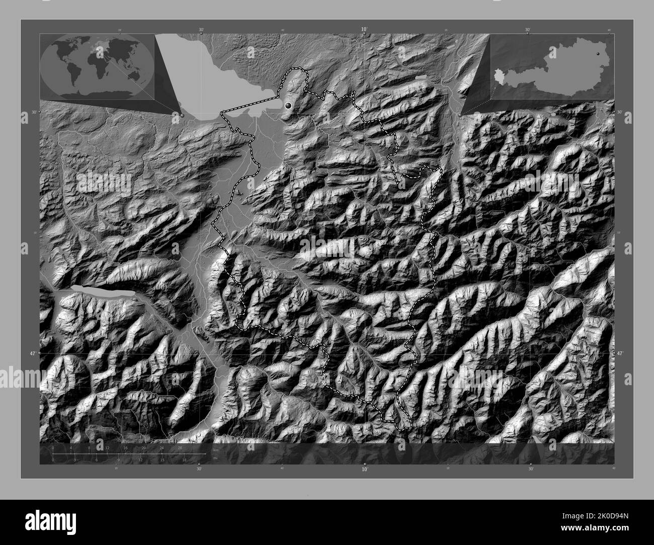 Vorarlberg, state of Austria. Bilevel elevation map with lakes and ...