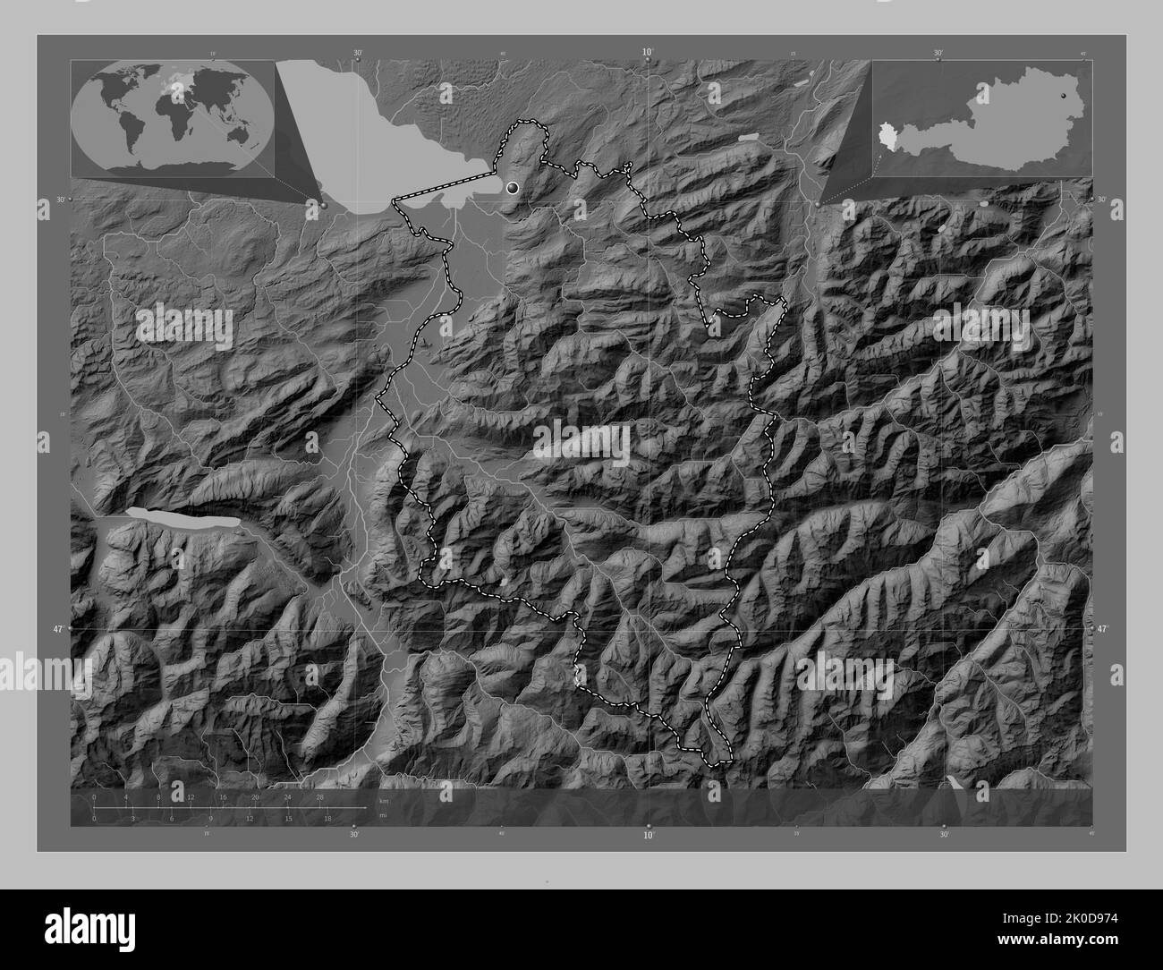 Vorarlberg, state of Austria. Grayscale elevation map with lakes and ...