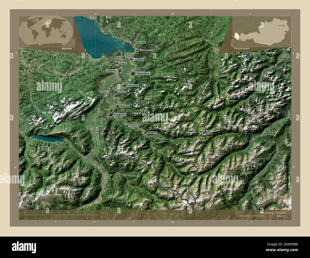 Vorarlberg, state of Austria. High resolution satellite map. Locations and names of major cities ...