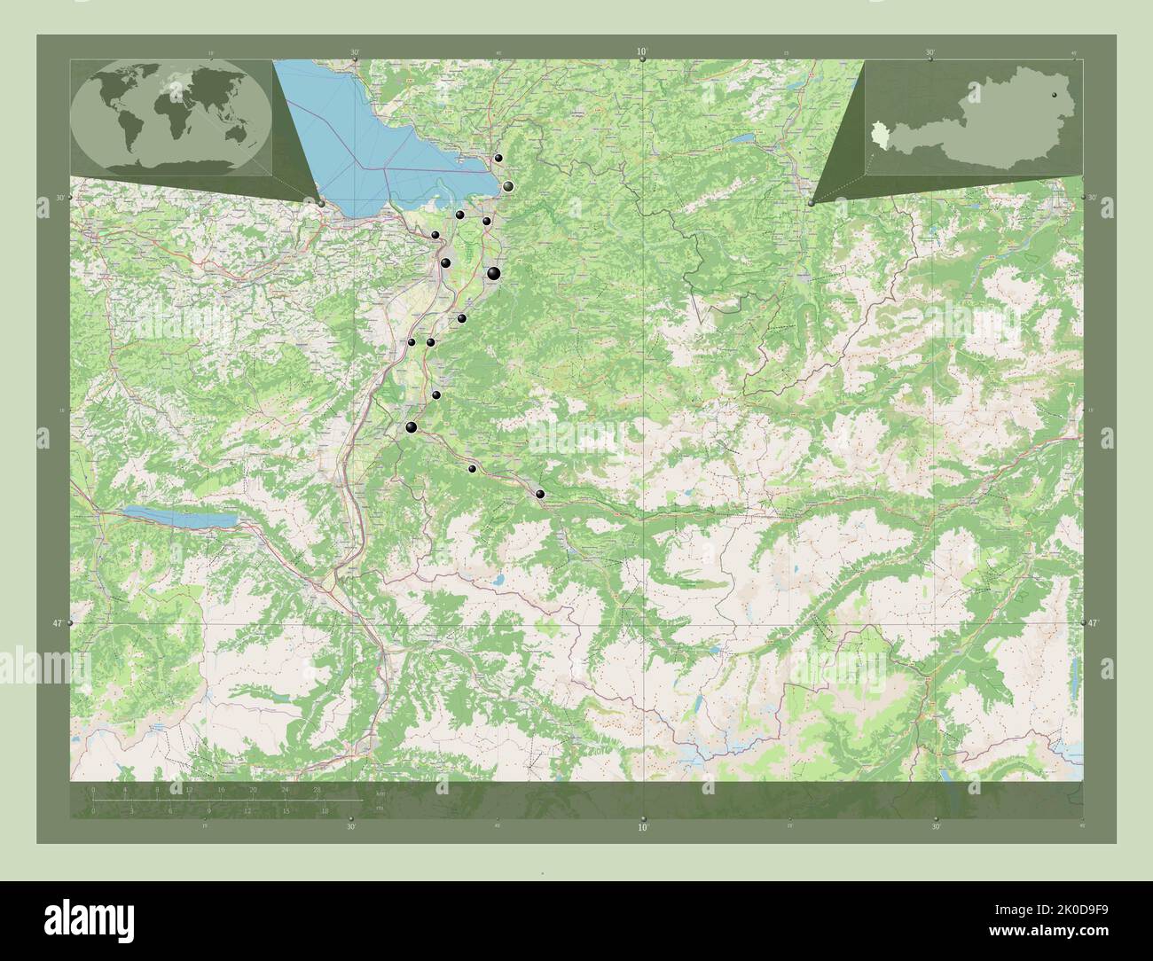 Vorarlberg, state of Austria. Open Street Map. Locations of major cities of the region. Corner ...