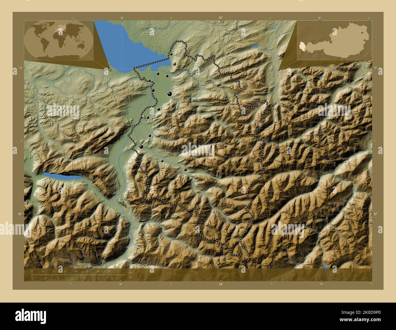 Vorarlberg, state of Austria. Colored elevation map with lakes and ...