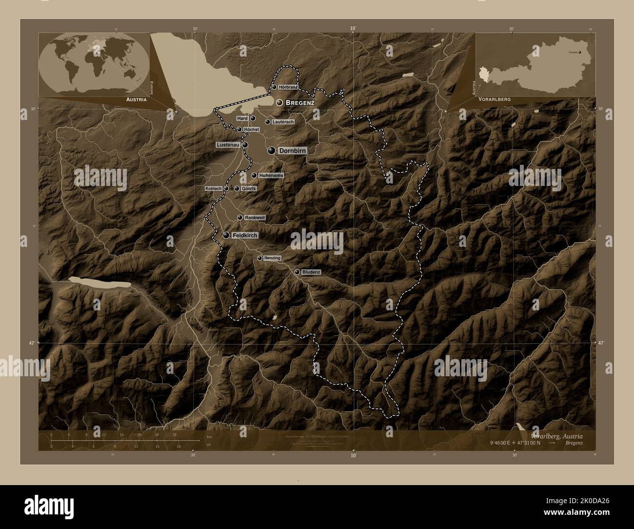 Vorarlberg, state of Austria. Elevation map colored in sepia tones with ...