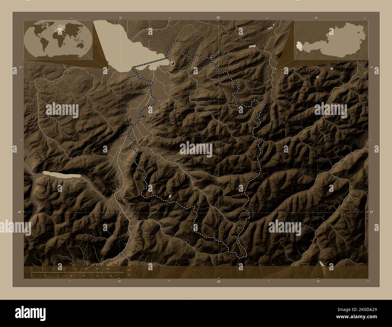 Vorarlberg, state of Austria. Elevation map colored in sepia tones with ...