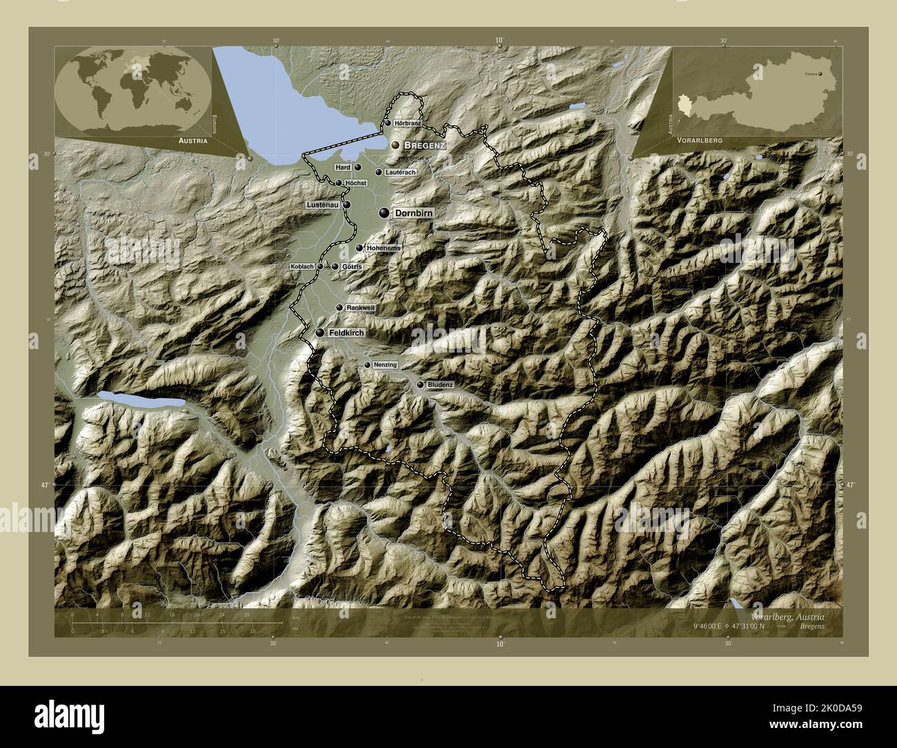 Vorarlberg, state of Austria. Elevation map colored in wiki style with ...