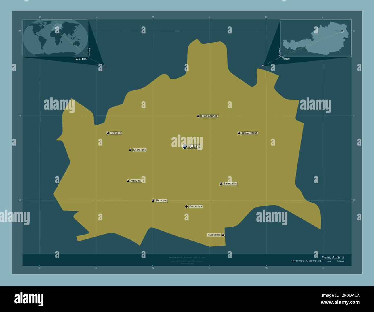 Wien, state of Austria. Solid color shape. Locations and names of major ...