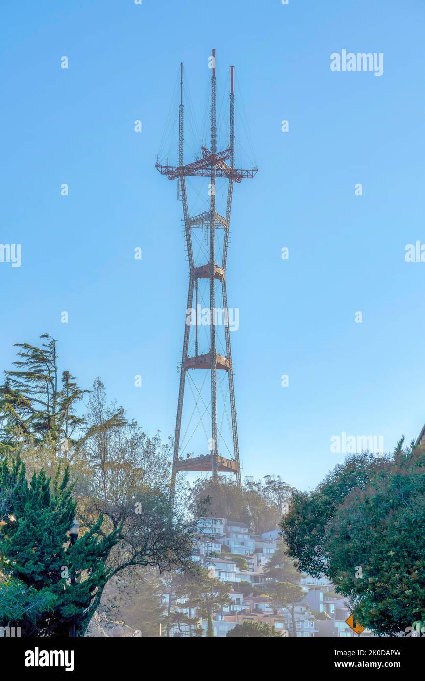Sutro Tower in San Francisco, California against the sky. There are ...