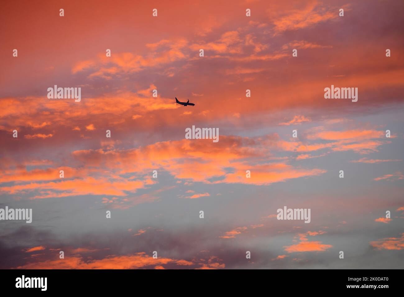 Airplane flying in the sunset sky Stock Photo - Alamy