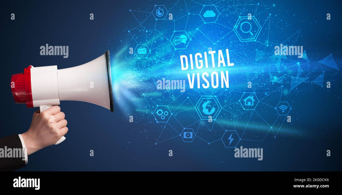 Young woman shouting in megaphone, technology announcement concept ...