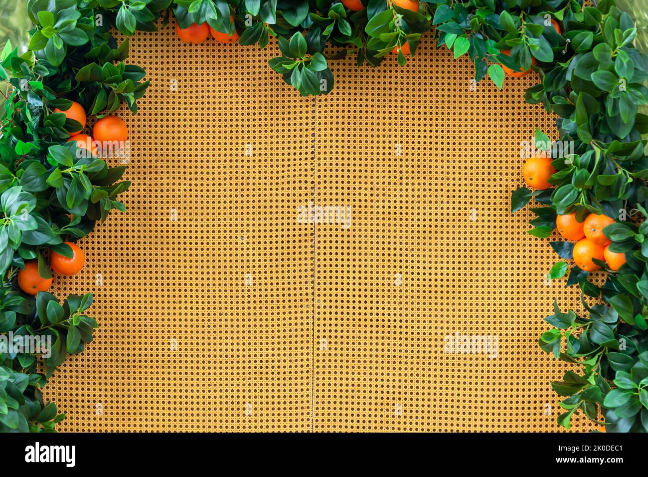 Border made of orange trees. Oranges hanging on branches making a frame ...