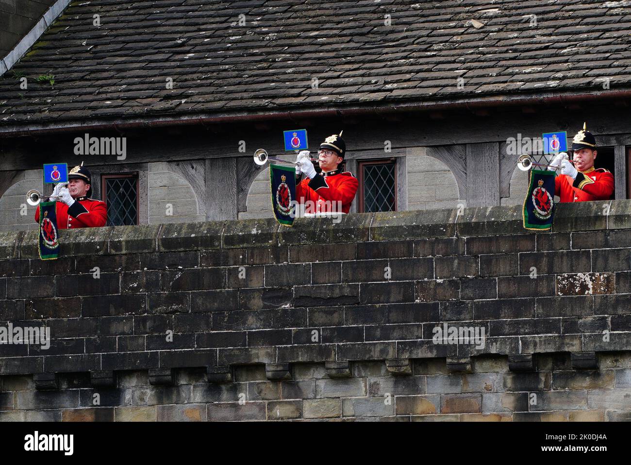 Trumpeteers sound a fanfare during an Accession Proclamation Ceremony ...