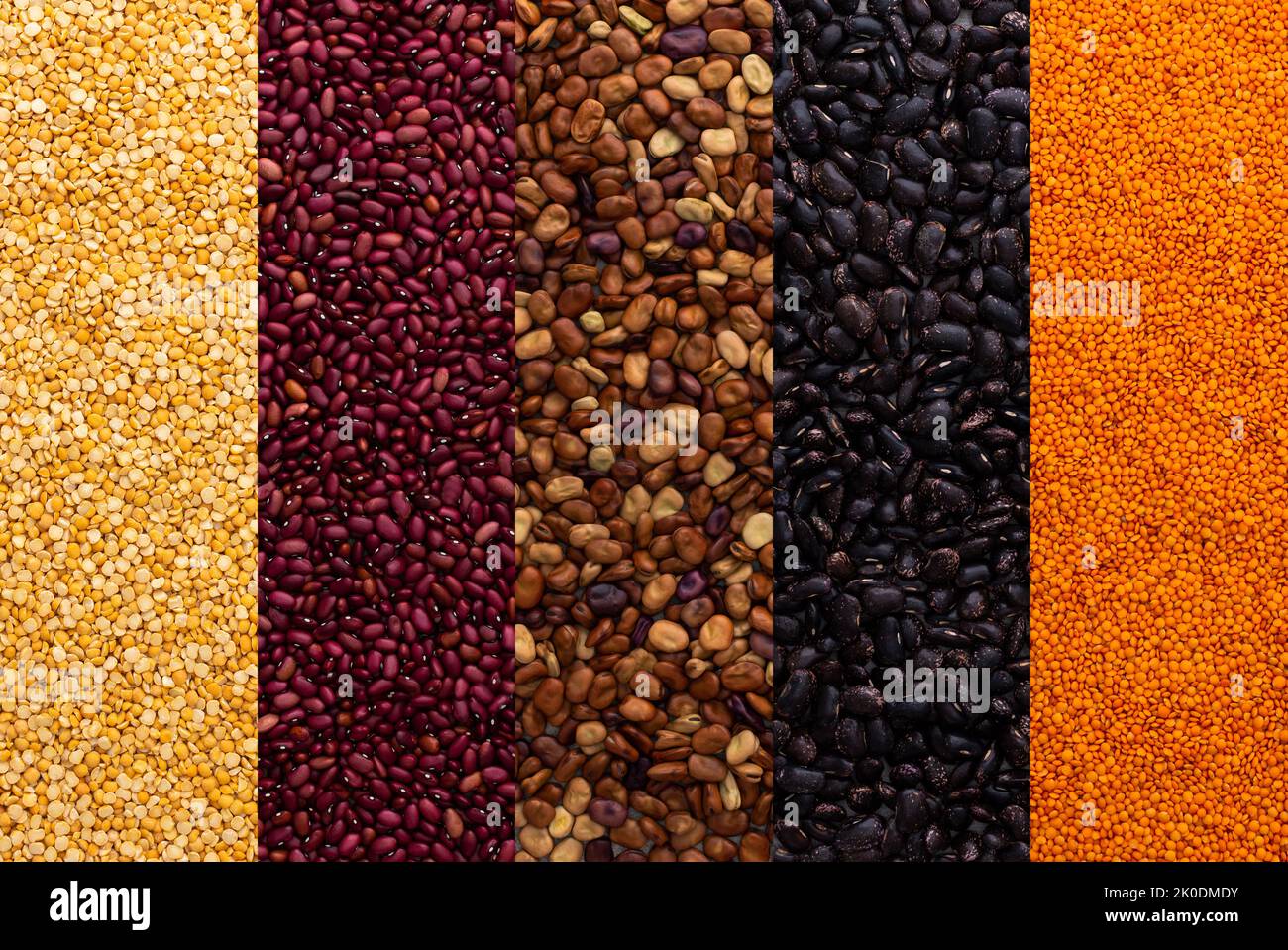 Different types of legumes, yellow peas and lentils, red, black and ...