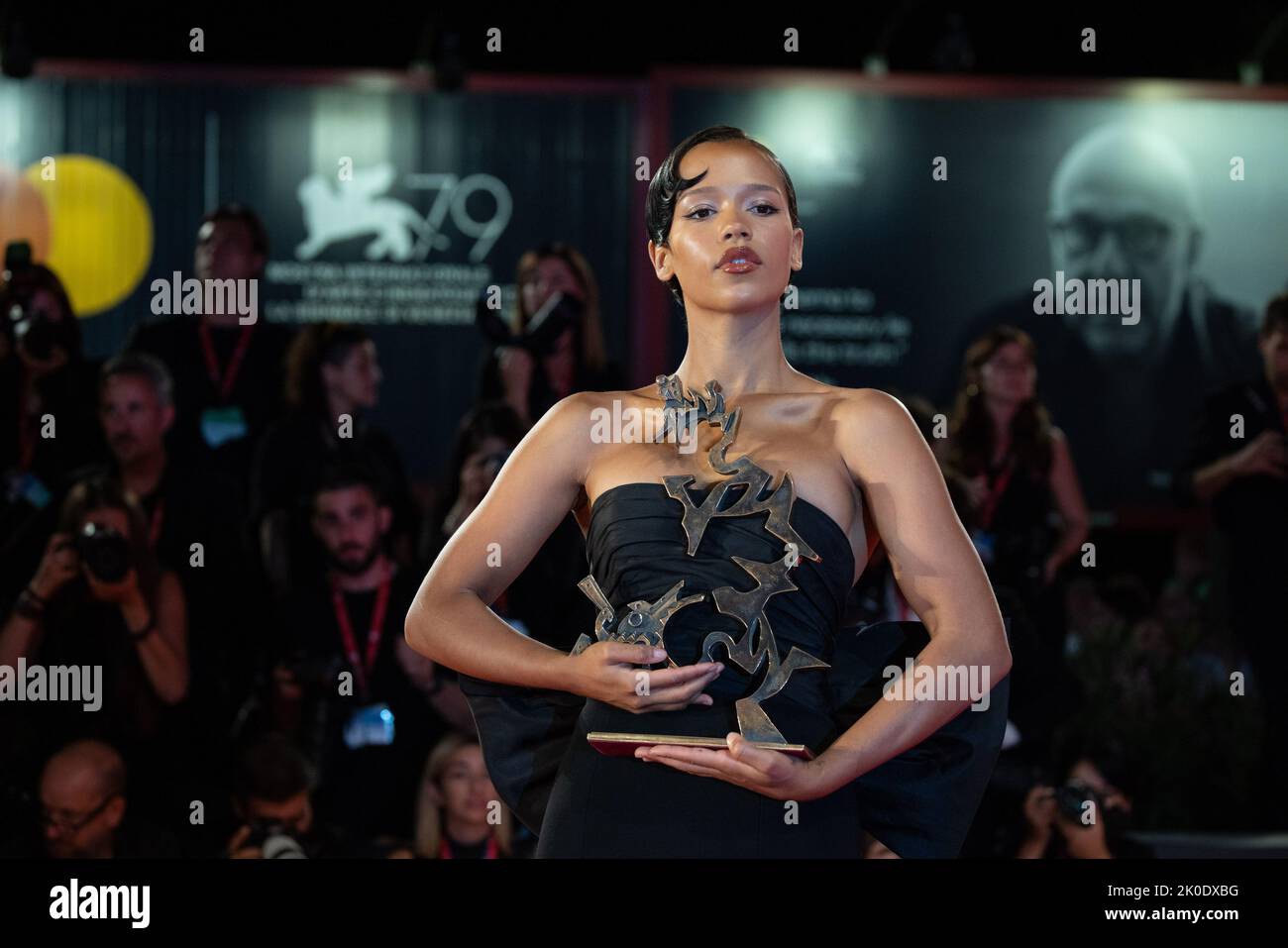 Lido Di Venezia, Italy. 10th Sep, 2022. Taylor Russell poses with the Marcello Mastroianni Award ...