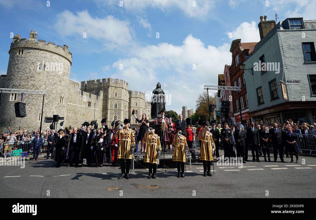 Local dignitaries give three cheers to King Charles III following an ...