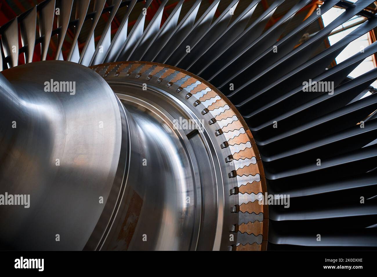 The rotor blades of a modern turbine, a close-up shot of the roots of ...