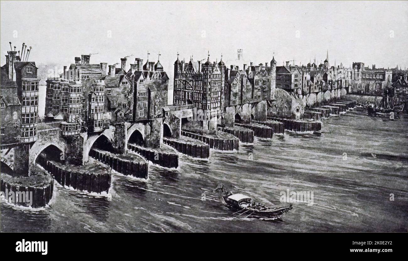 Old London Bridge, showing Nonsuch House and Drawbridge. From a model ...