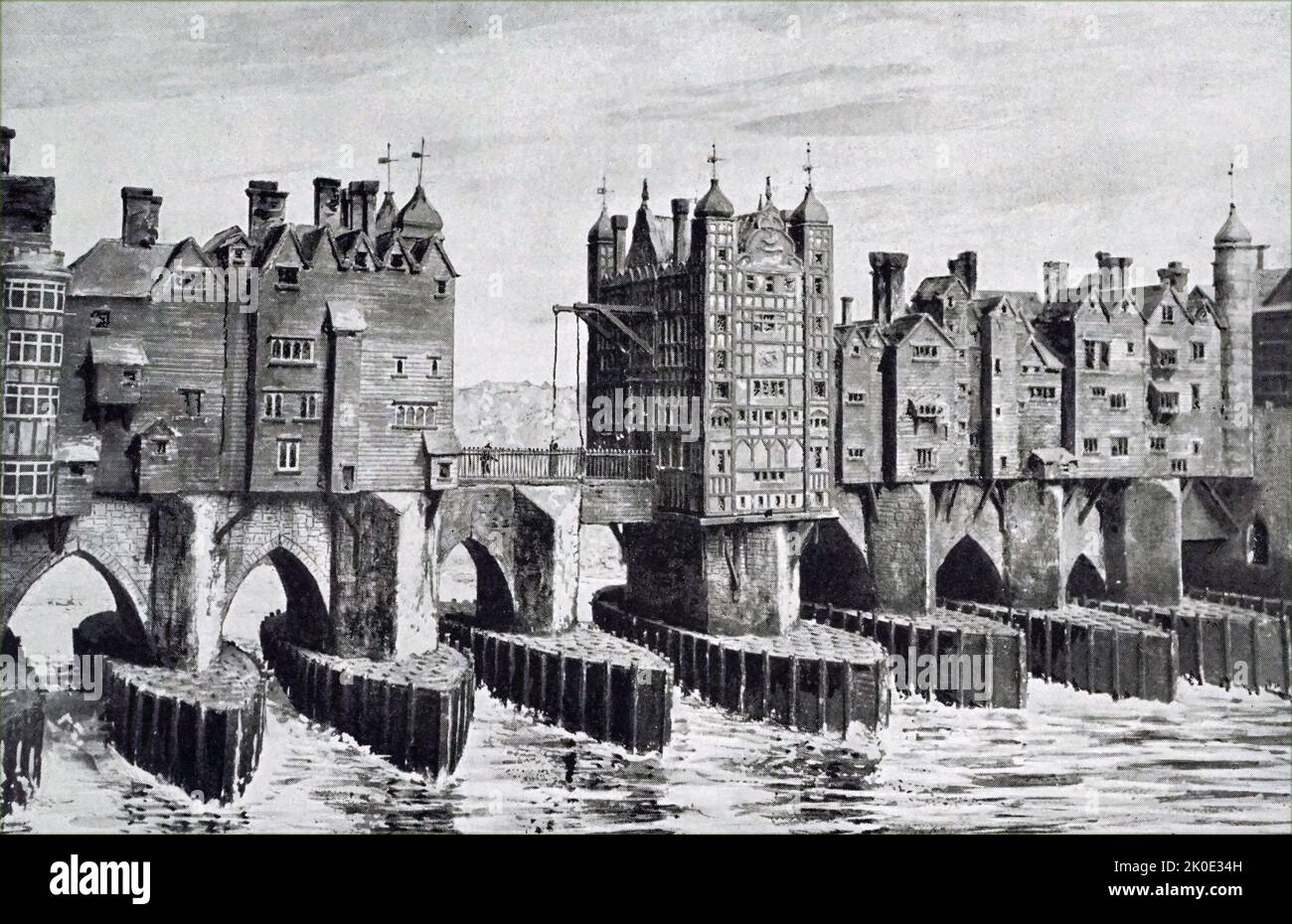 Old London Bridge, Southwark End, showing heads over Traitors Gate ...