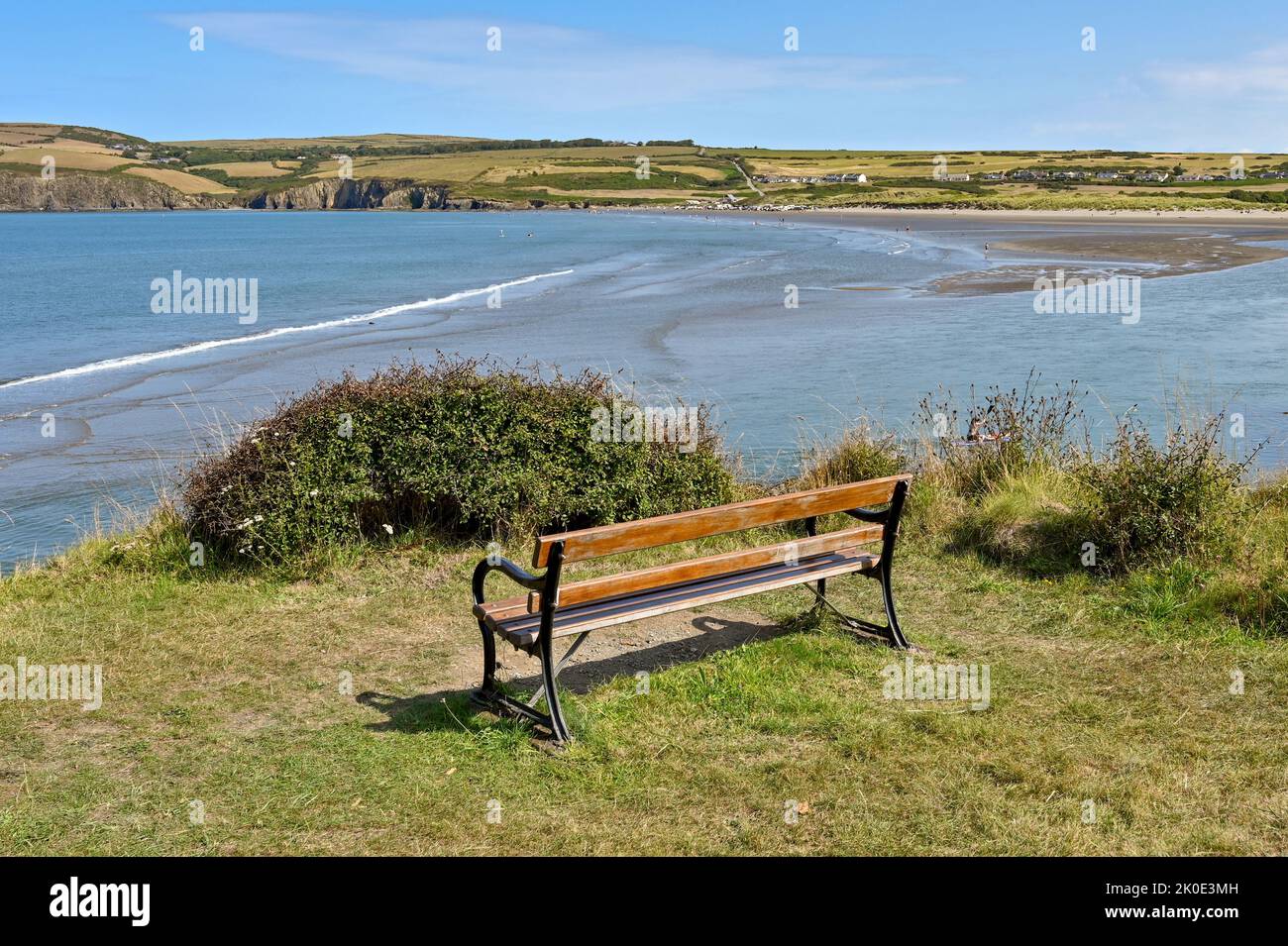 Newport, Pembrokeshire, Wales - August 2022: Wooden bench on the edge ...
