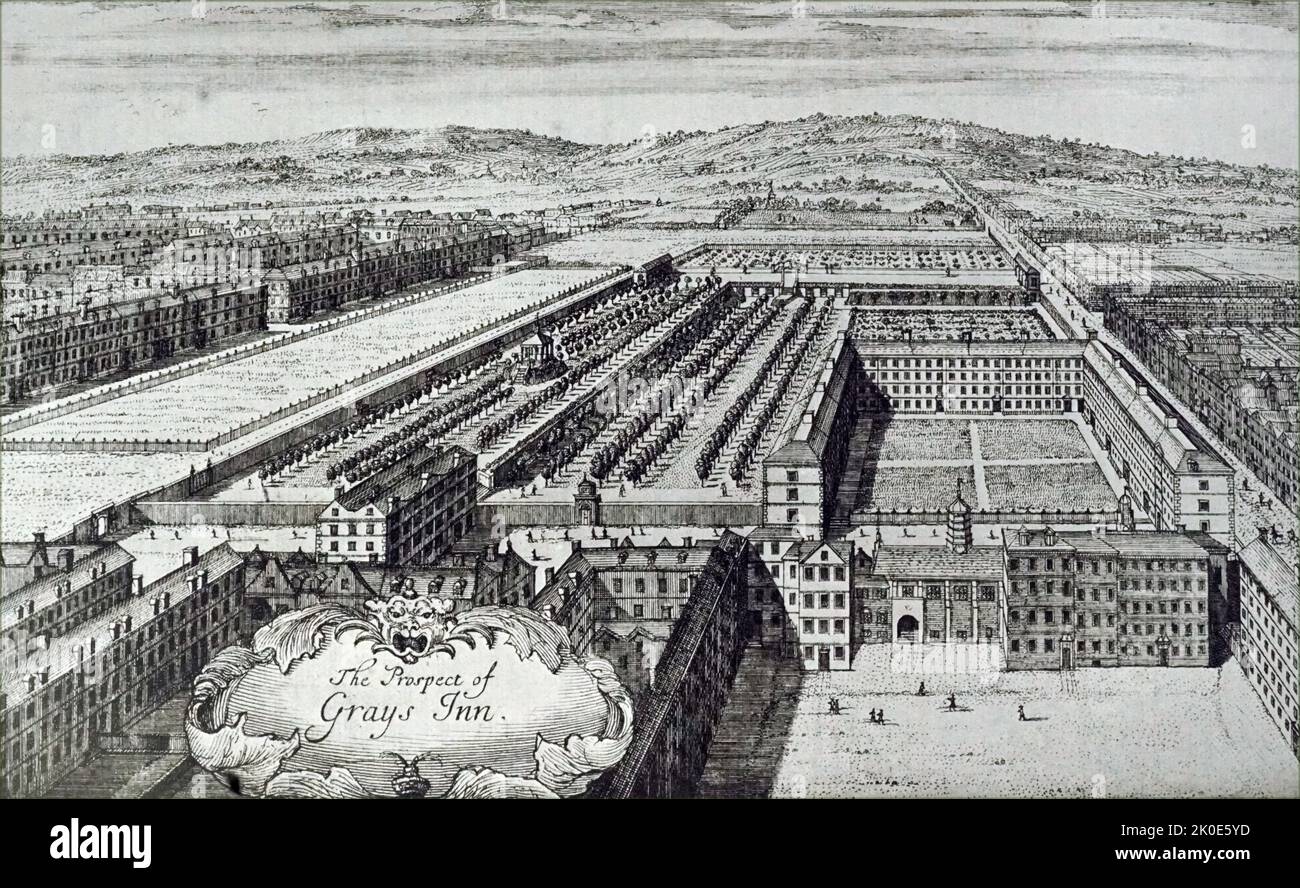 18th century engraving of Gray's Inn area of London, England, 1755 ...