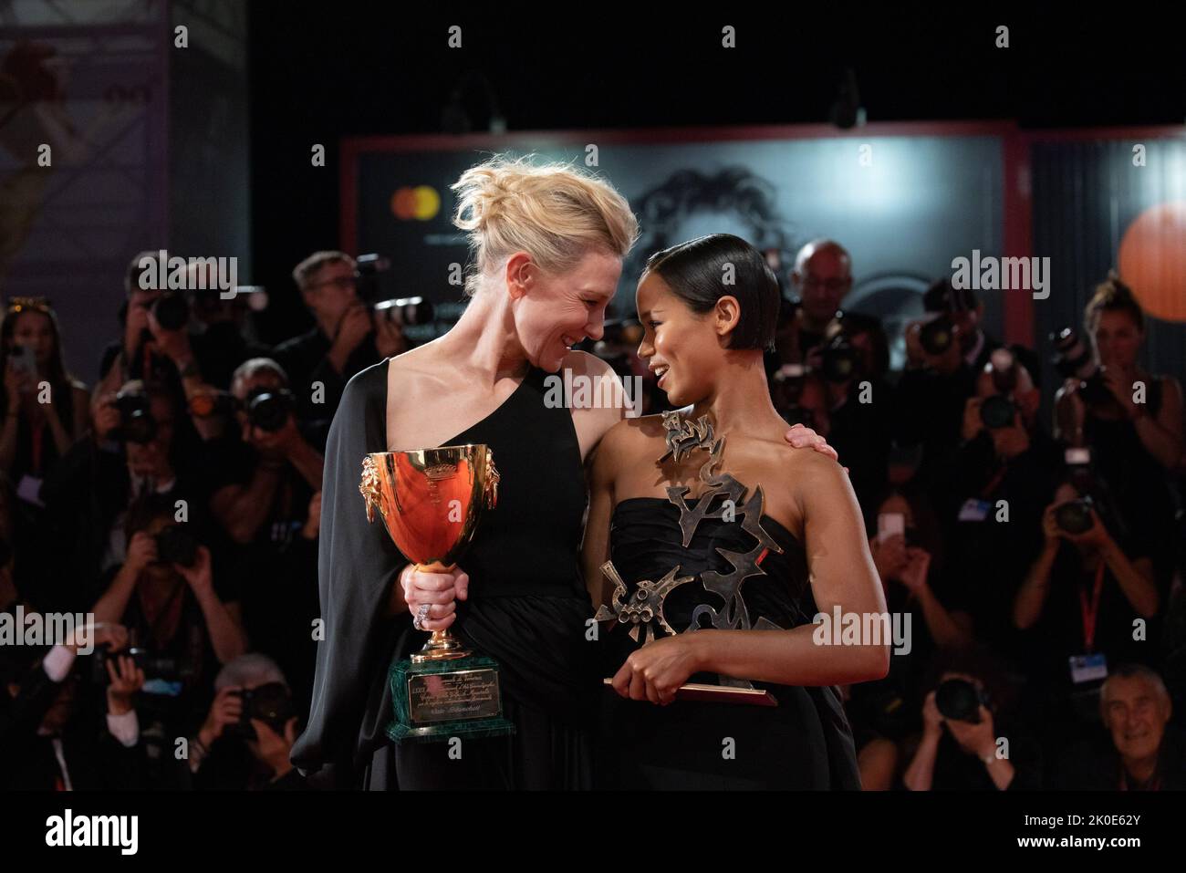 Cate Blanchett and Taylor Russell pose with the Coppa Volpi for Best Actress for "Tar" and the ...
