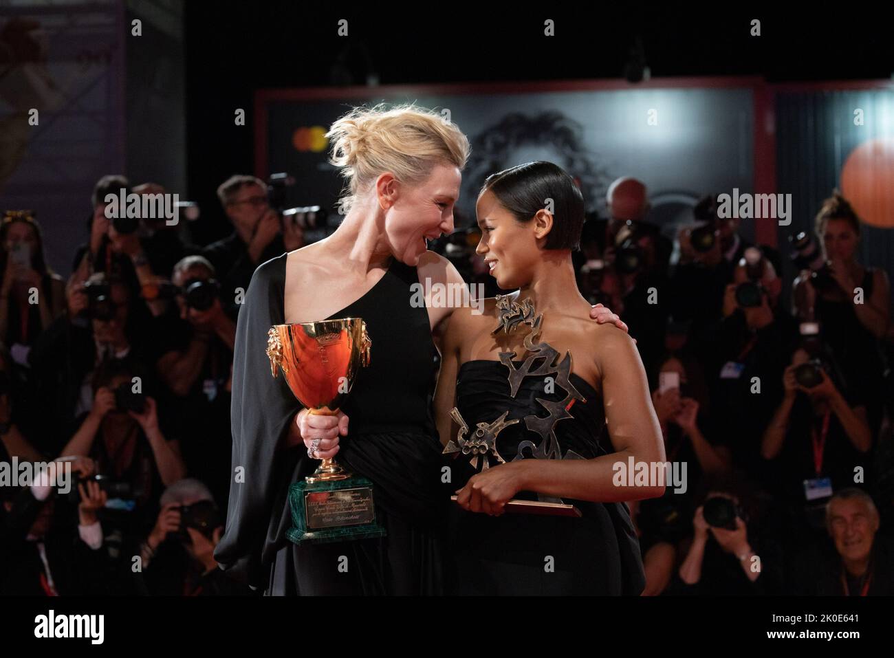 Cate Blanchett and Taylor Russell pose with the Coppa Volpi for Best Actress for "Tar" and the ...