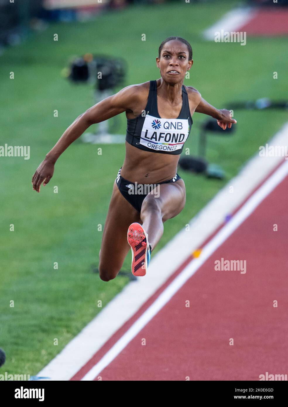 Thea Lafond of Dominica competing in the women’s triple jump at the ...