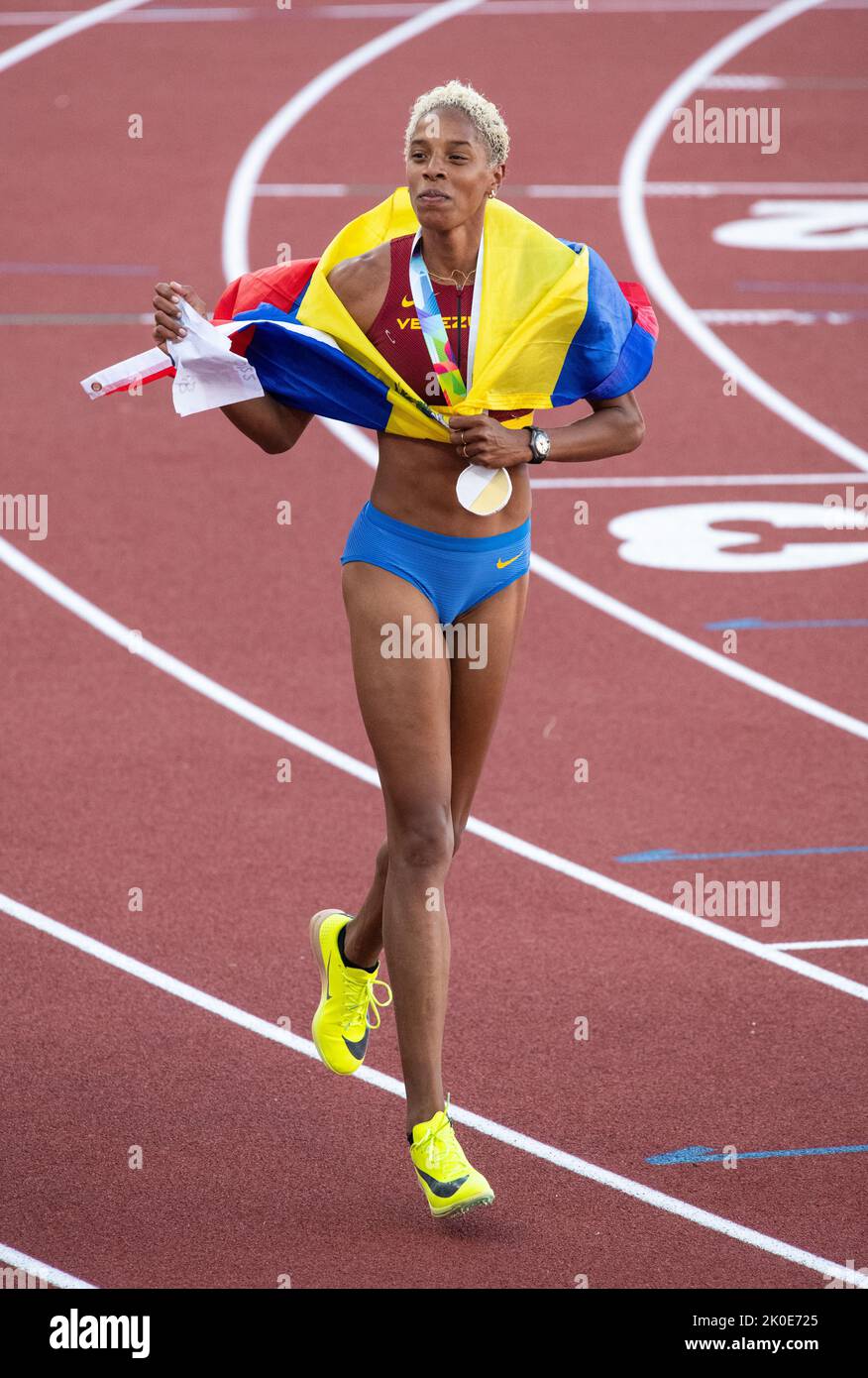Yulimar Rojas of Venezuela celebrating her win after competing in the women’s triple jump at the ...