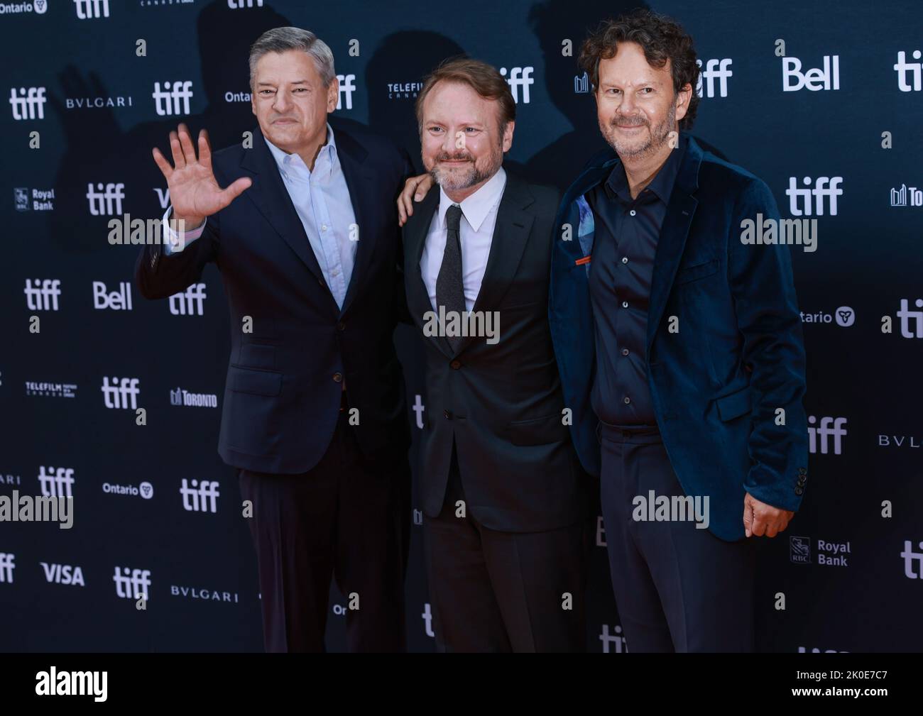 (L-R) Ted Sarandos, CEO & CCO, Netflix, Rian Johnson and Ram Bergman ...