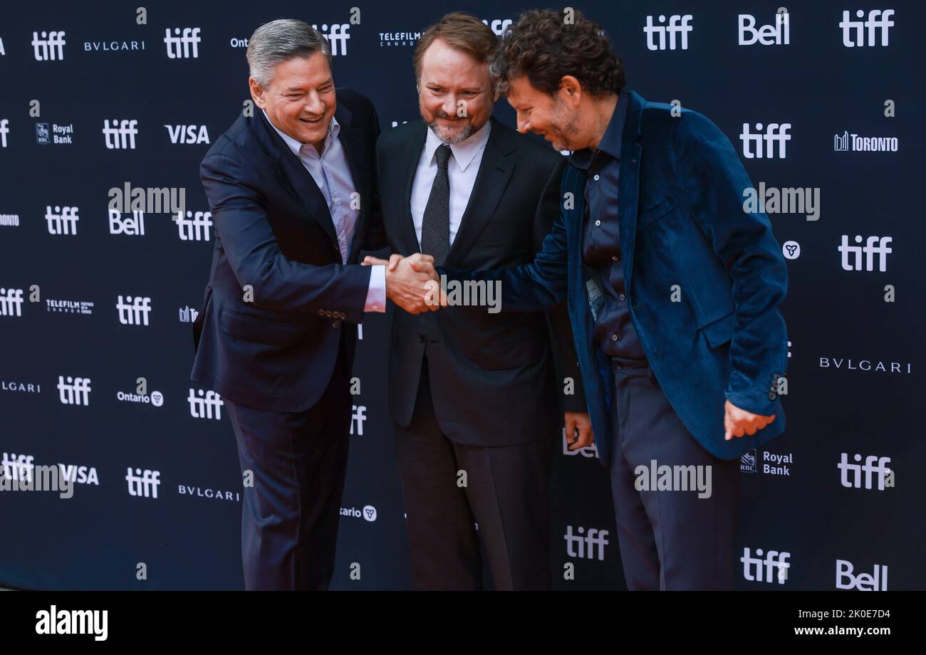 (L-R) Ted Sarandos, CEO & CCO, Netflix, Rian Johnson and Ram Bergman ...