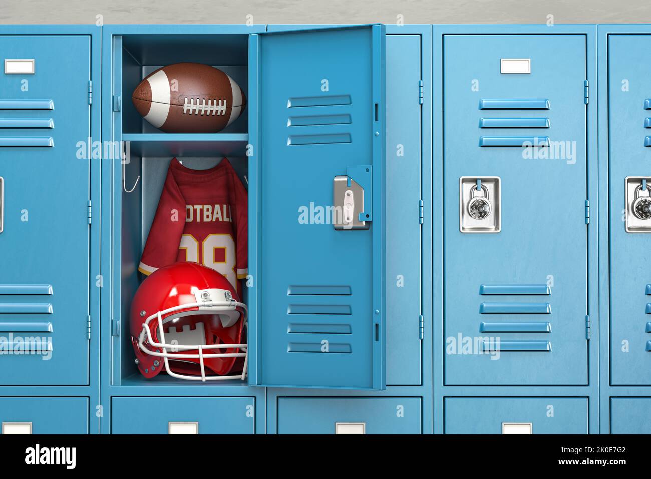 American football locker room with equipment, ball and helmet. 3d ...