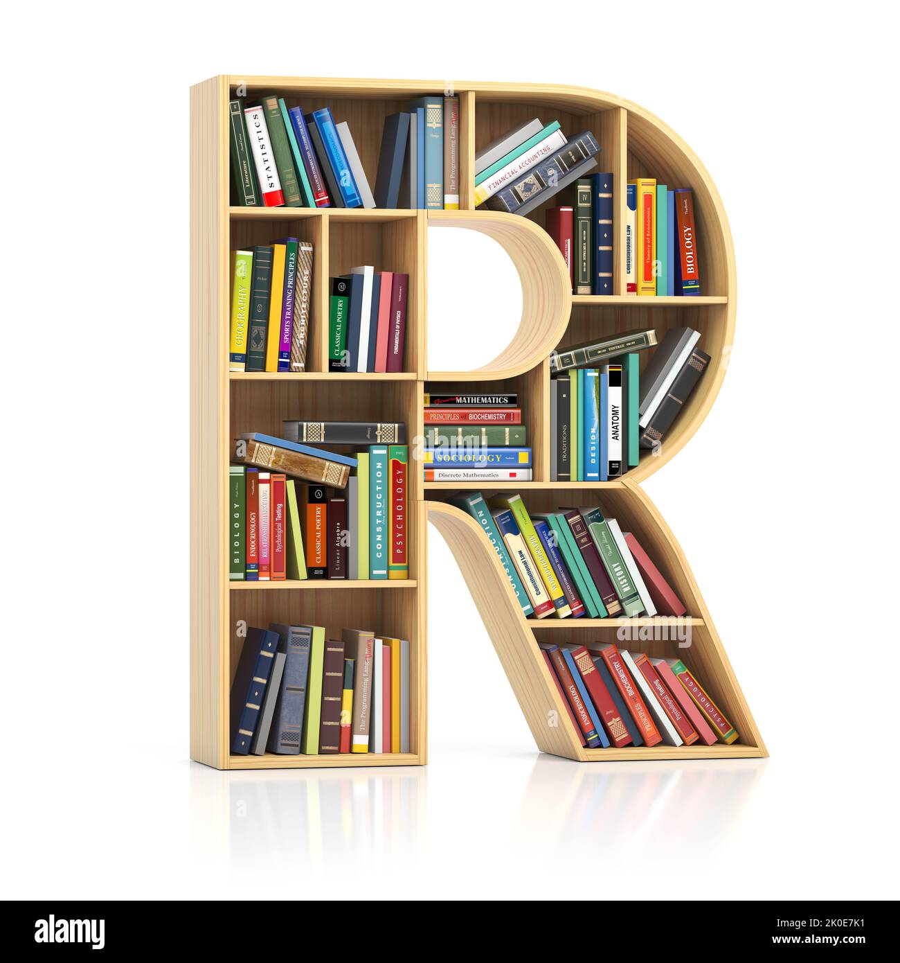 Letter R in form of bookshelf with book and texbooks. Educational and ...
