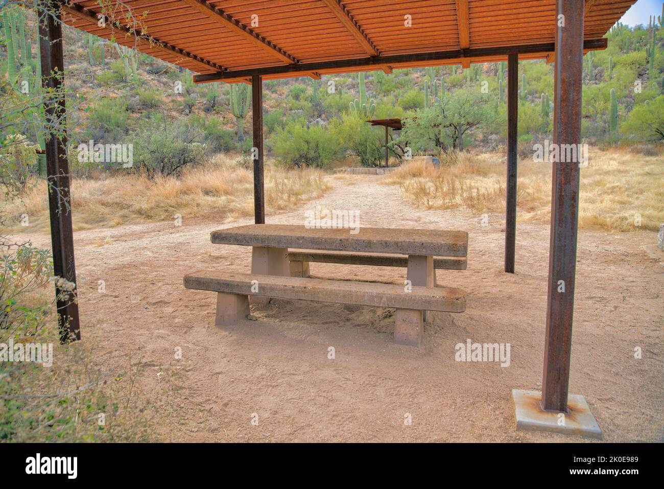 Picnic table with roof on a campground at Sabino Canyon State Park in ...