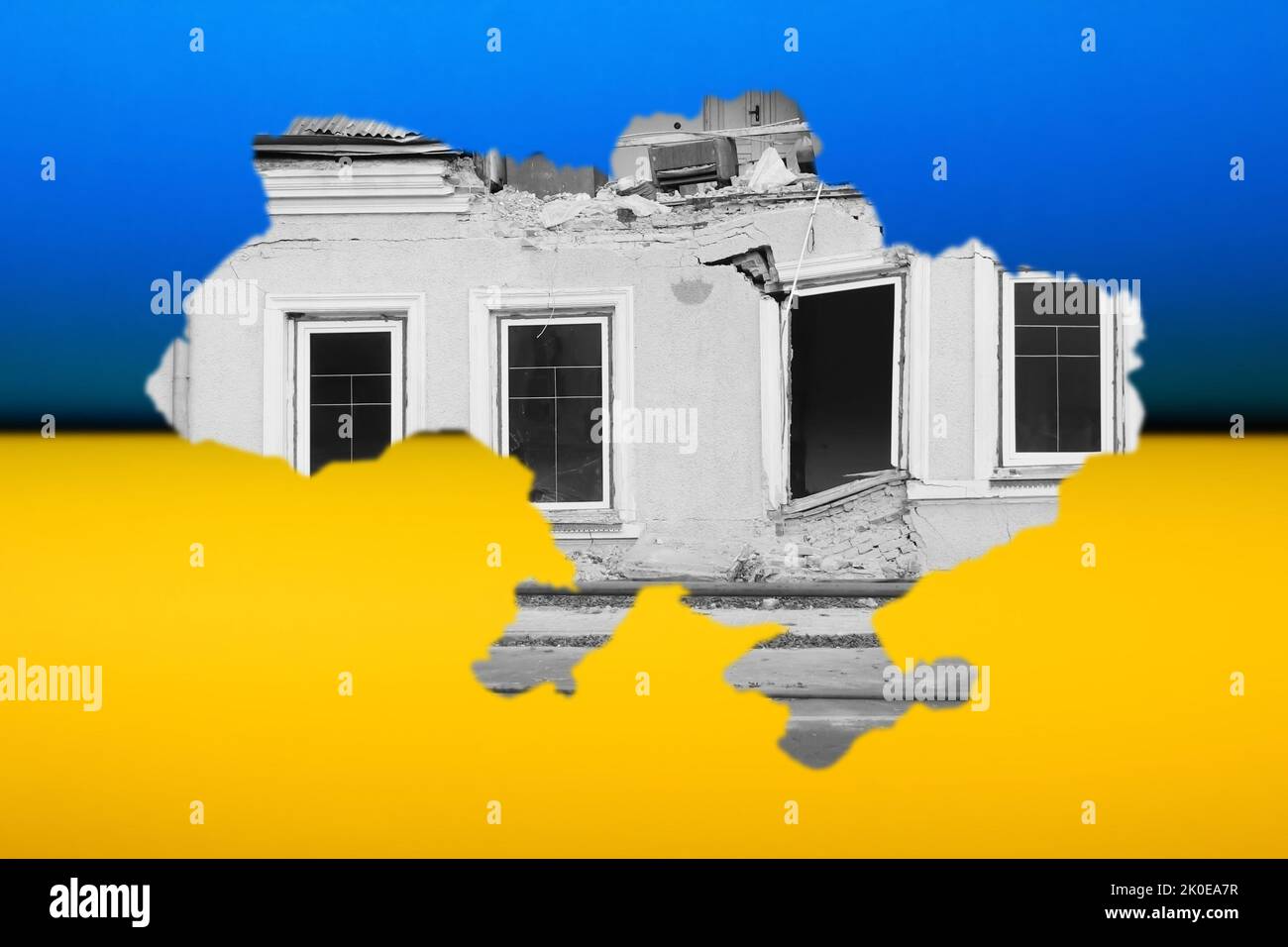 Defocus huge ruins, wreck in Ukraine, war. House after russian attack ...