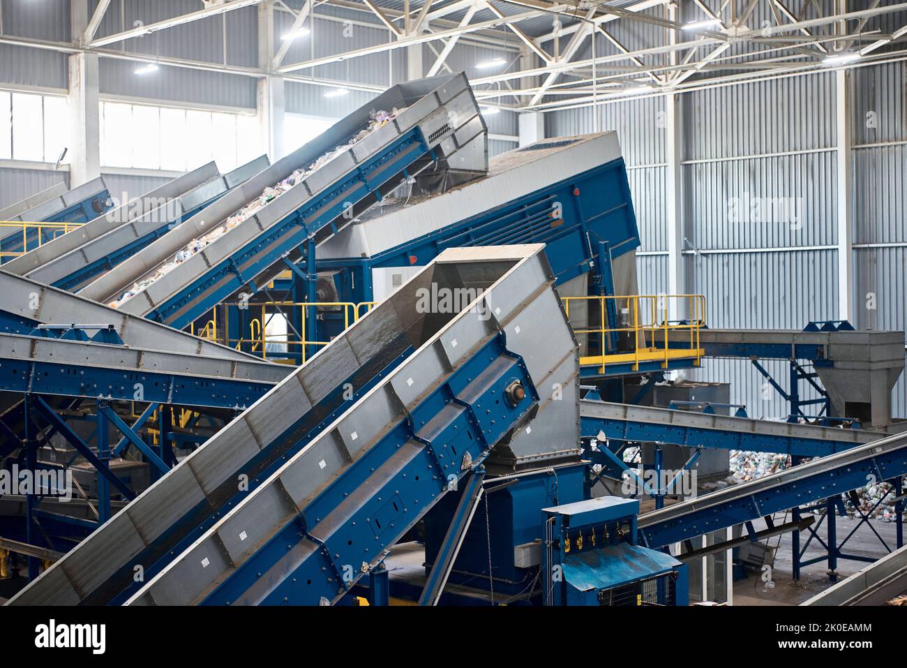 System of conveyors carrying trash at waste processing plant Stock ...