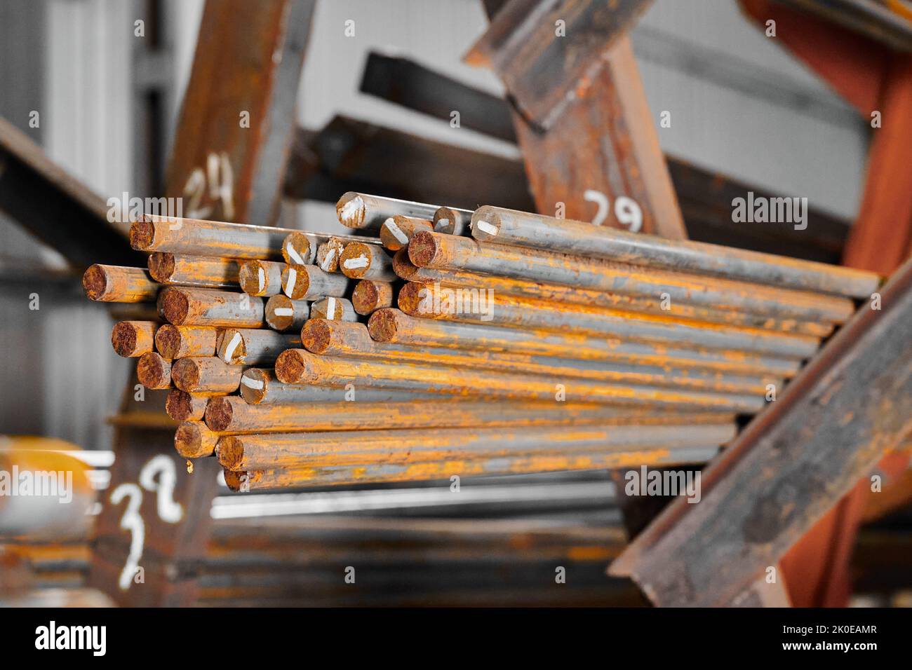 Round steel section rolling profile with marking in storage Stock Photo ...