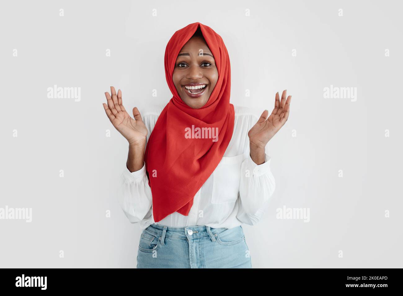 Wow. Surprised black muslim woman opened mouth in amazement and ...