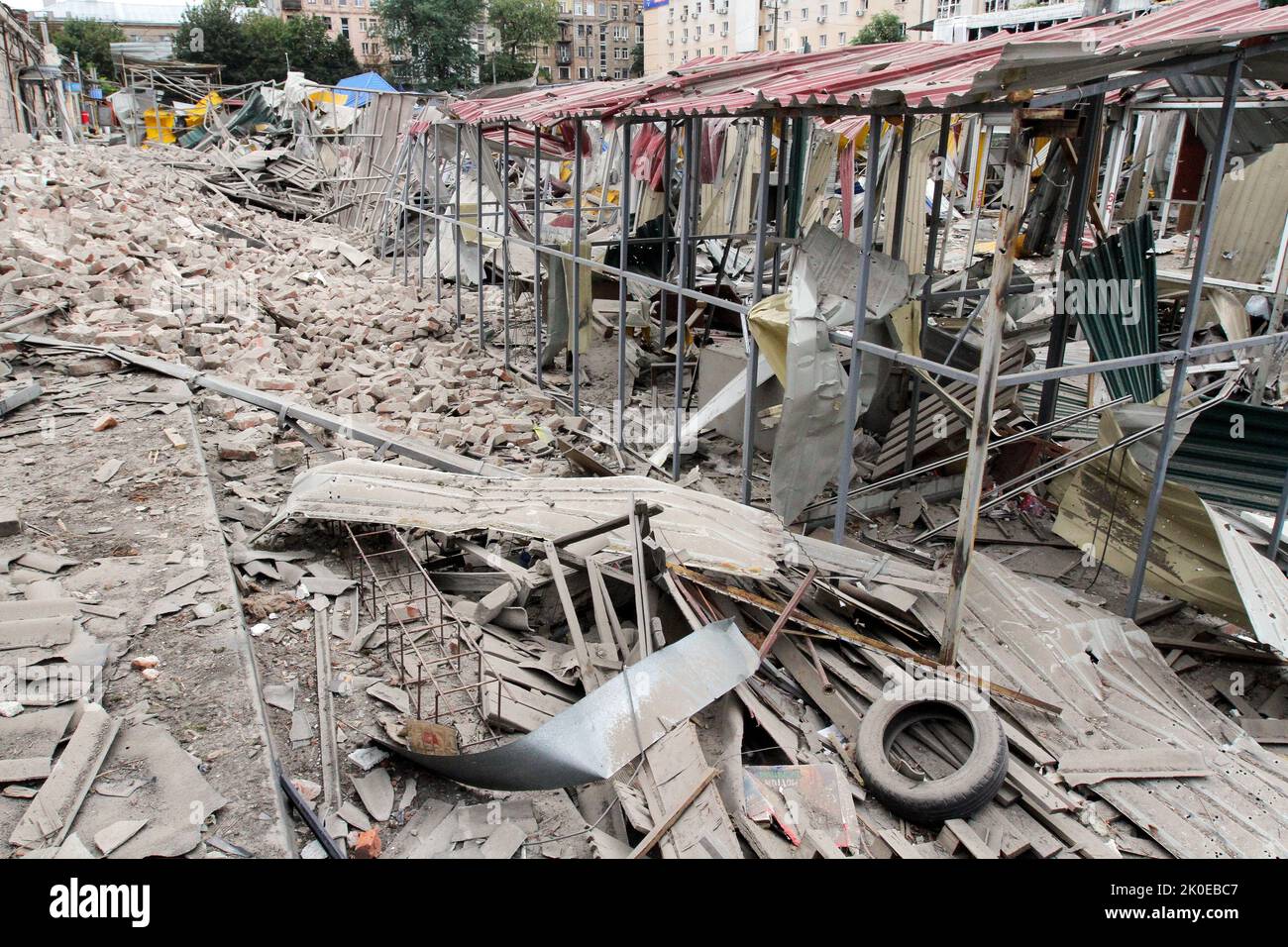 DNIPRO, UKRAINE - SEPTEMBER 11, 2022 - A market shows damage after a ...