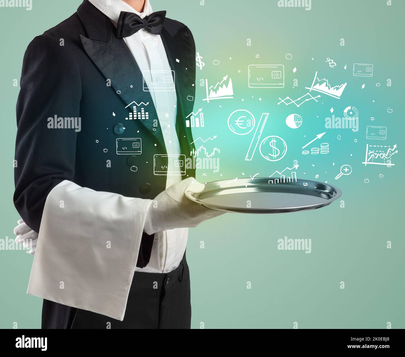 Handsome young waiter in tuxedo holding money icons on tray Stock Photo ...
