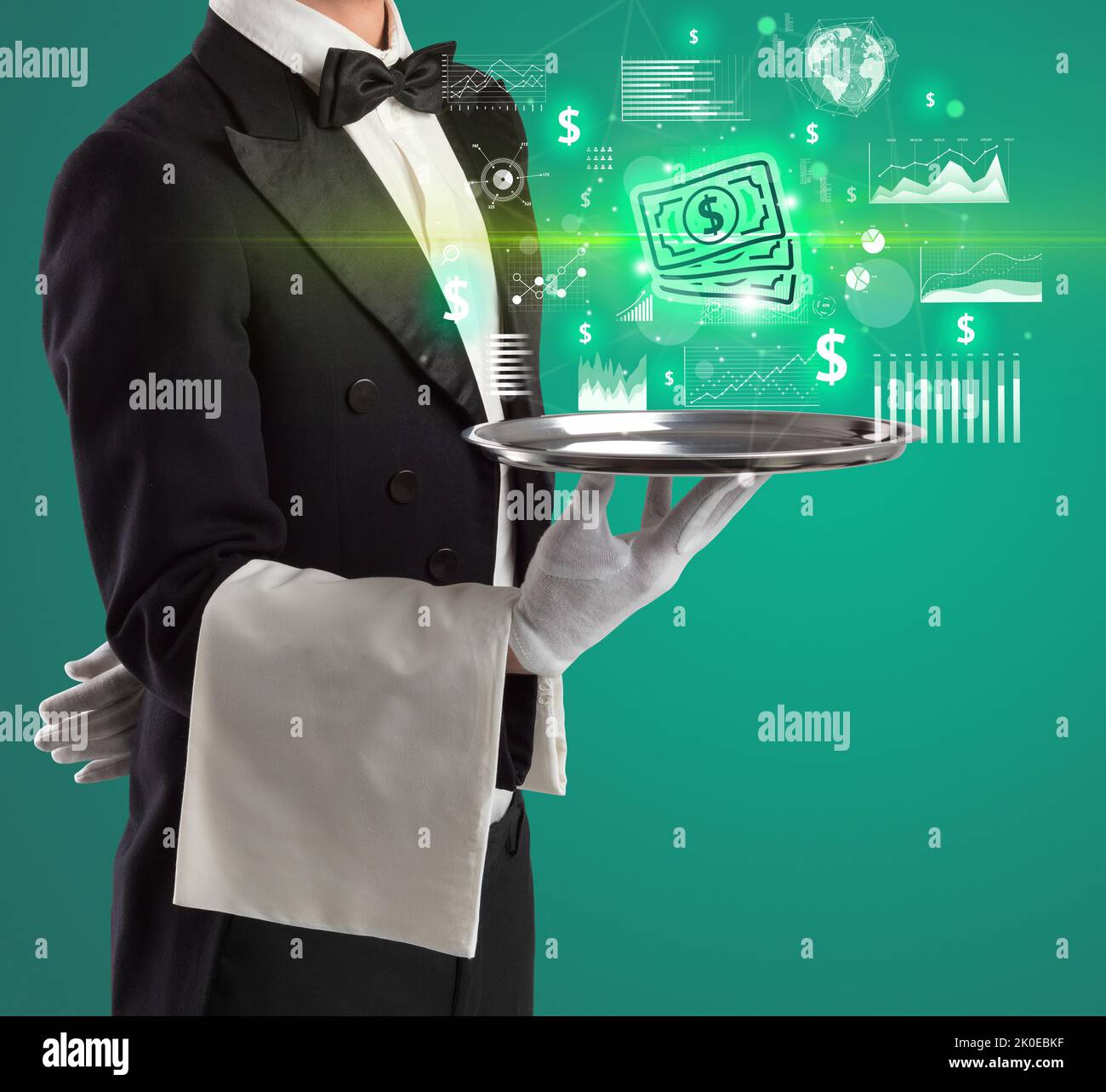 Handsome young waiter in tuxedo holding currency icons on tray Stock ...
