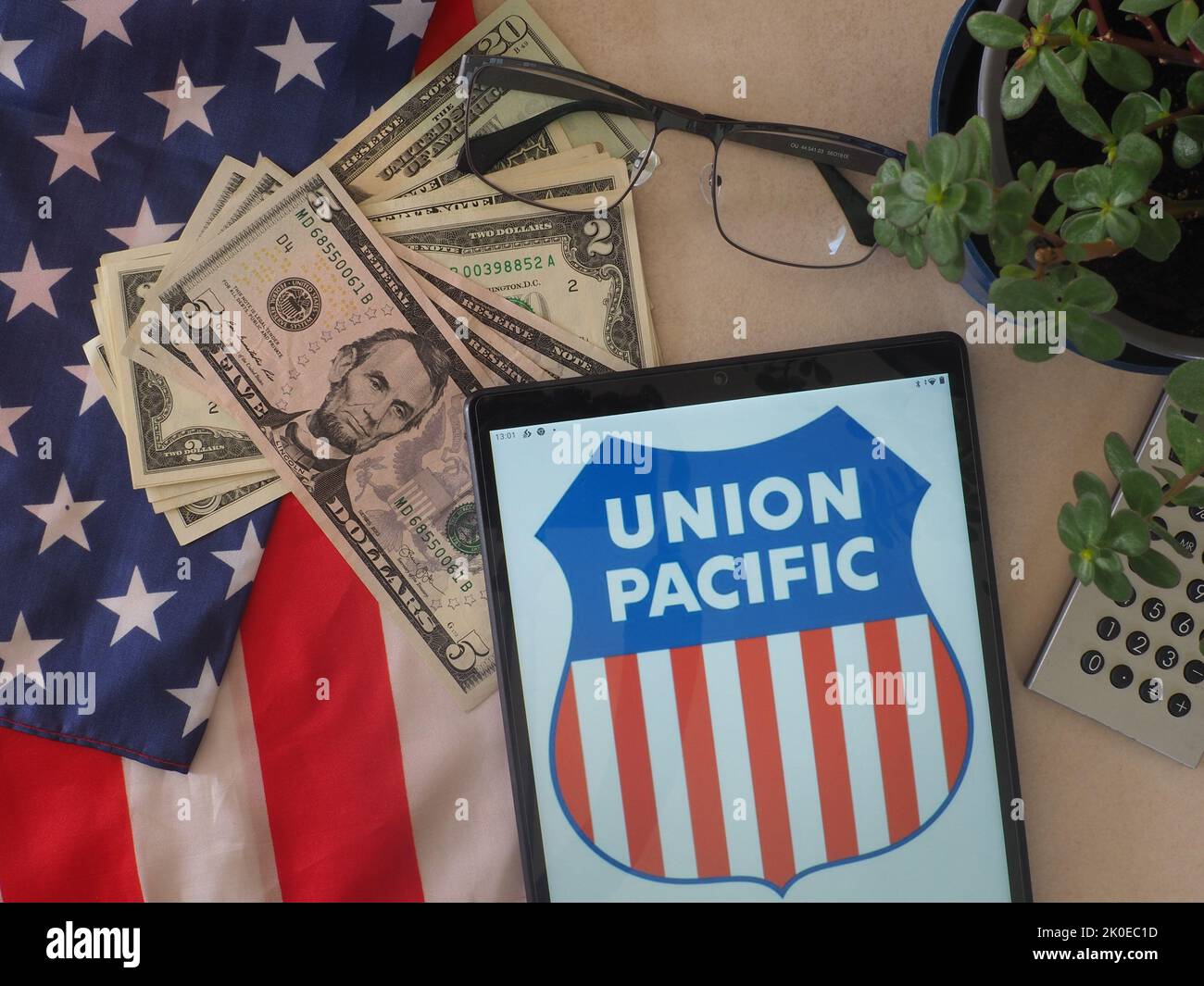 In this photo illustration, Union Pacific Railroad logo seen displayed ...