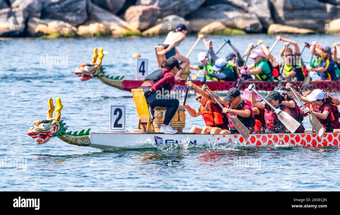 Toronto, Canada - September 10, 2022: A team paddles in a dragon boat ...